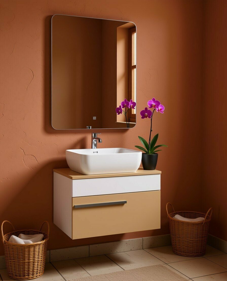 Мебель для ванной Вудлайн 65, белый-кремовый, раковина Квадра, зеркало Руан 60х80