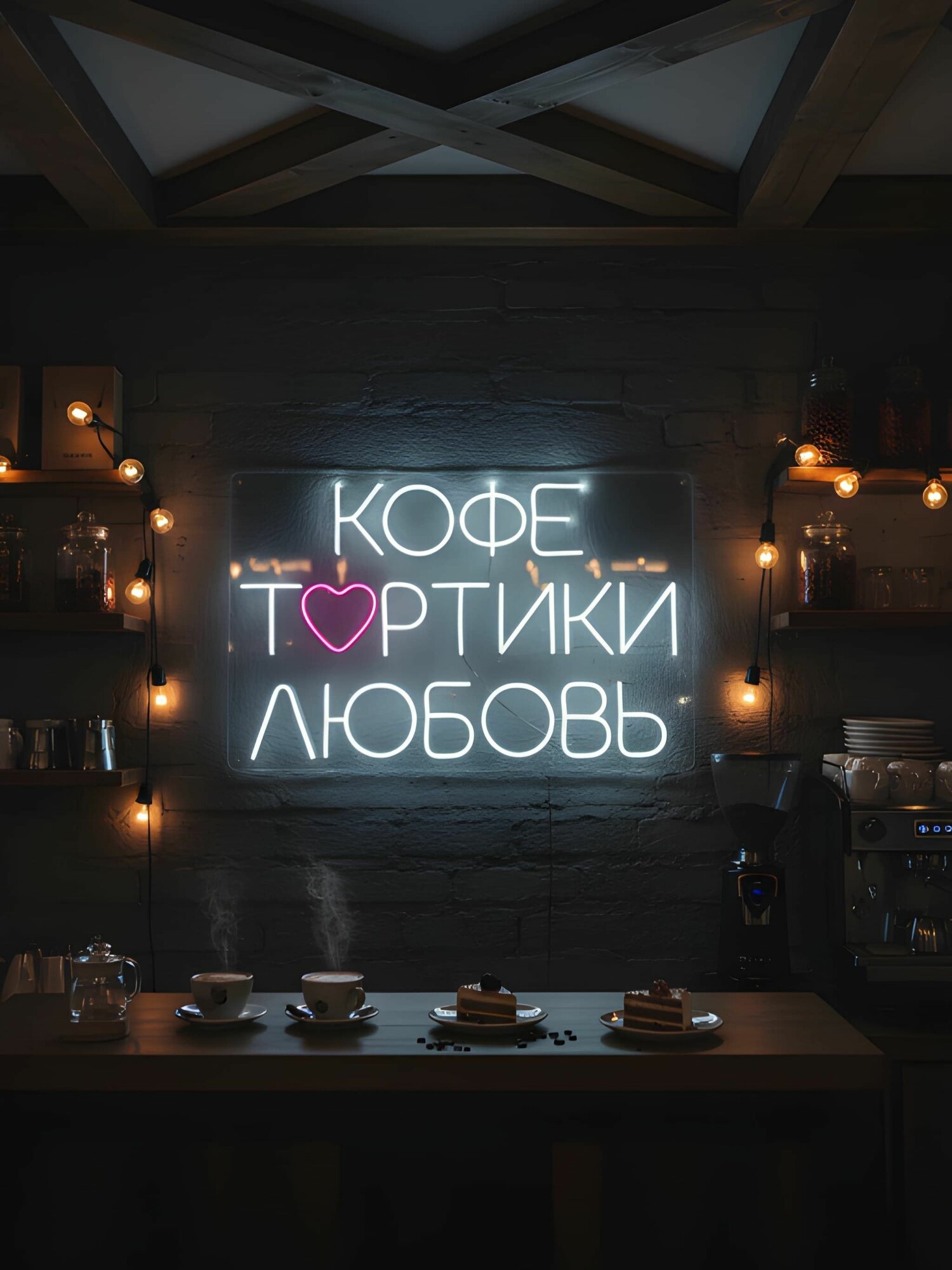 Неоновая вывеска "Кофе, тортики, любовь" 70 х 45 см, неоновая надпись, LED светильник для кофейни и кафе