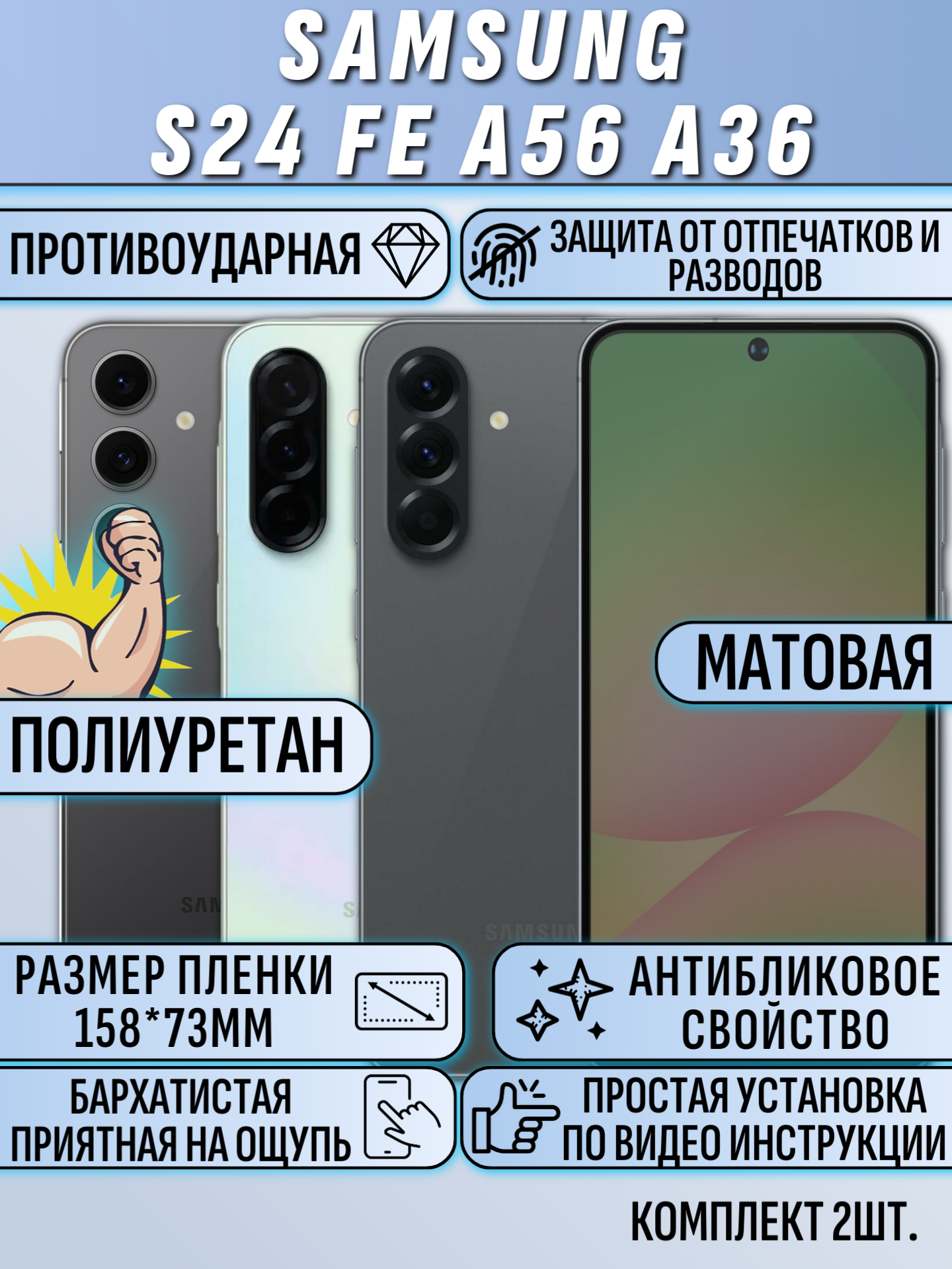 Гидрогелевая пленка для Samsung S24 FE A56 A36 матовая под чехол 2 шт