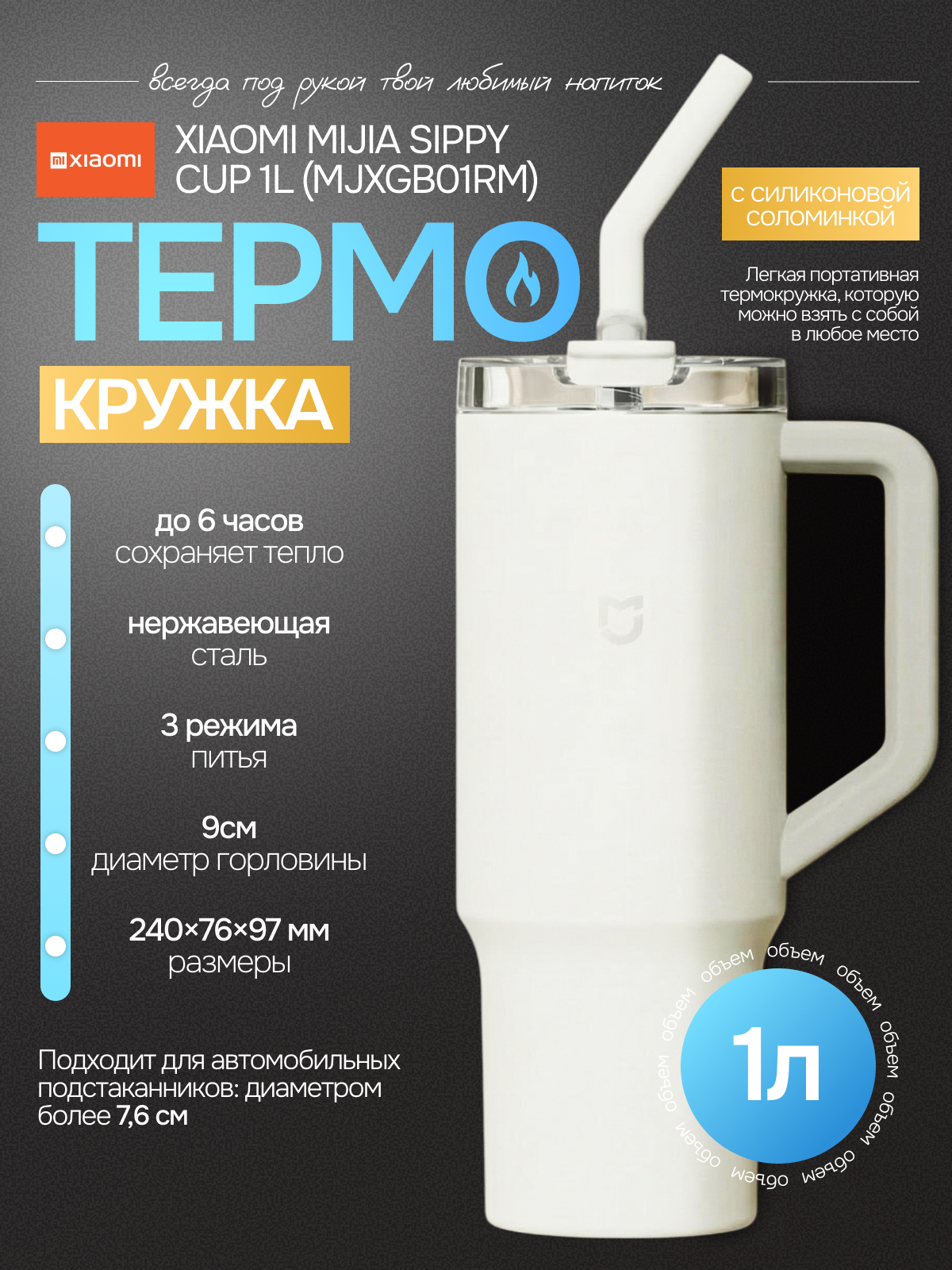 Термокружка Xiaomi Sippy Cup MJXGB01RM, нержавеющая сталь, 1л, белая