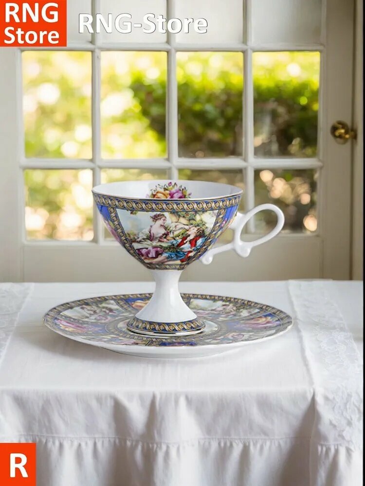 Чайная, кофейная пара "(Высокая ножка - чашка с голубой розой) Маленькая талия - Набор кофейных чашек и блюдец" 180 мл на 1 перс.