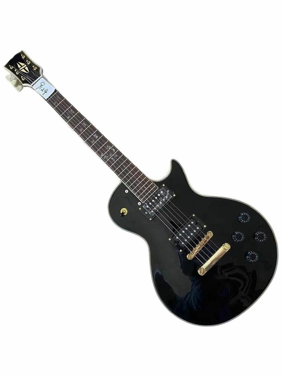 Китайская электрогитара в стиле LP (черная) с розовой инкрустацией, накладкой из палисандра, многослойной окантовкой, 22 ладами и незначительными косметическими дефектами.