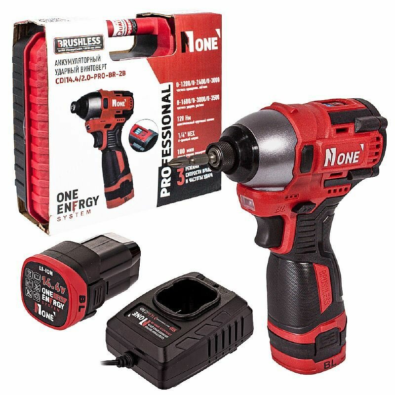 Шуруповерт NUMBER ONE акк. ударный CDI 14,4/2.0-PRO-BR-2B (14В, Li,2х2Ач,120Нм, HEX1/4, б/щ)1.3кг кейс