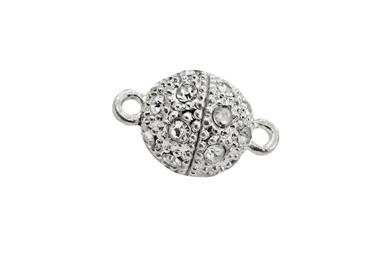 Замок магнитный Круглый со стразами, диаметр 12мм, длина 19,5мм, отверстие 1,5мм, цвет серебро, латунь, 10-046, 1шт