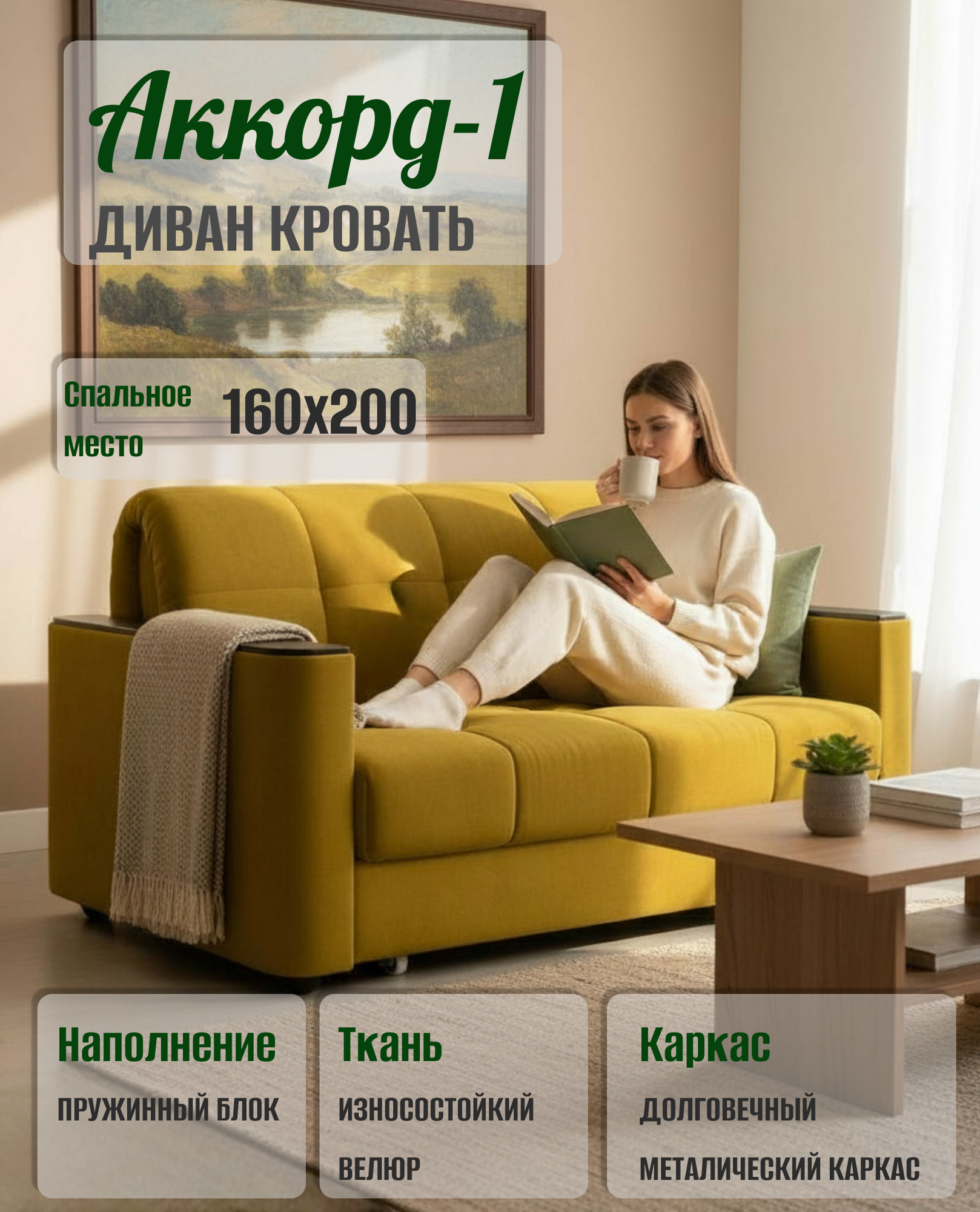 Диван Аккорд-1, диван аккордеон , на пружинном блоке, металлокаркас, ортопедический, для ежедневного сна