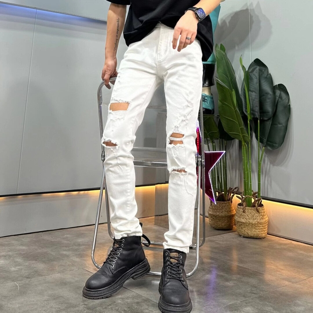 Тренд RONG CH Мужские Джинсы Лето Корейский Стиль Потертые Слим Кроп Деним, Размер_XXL