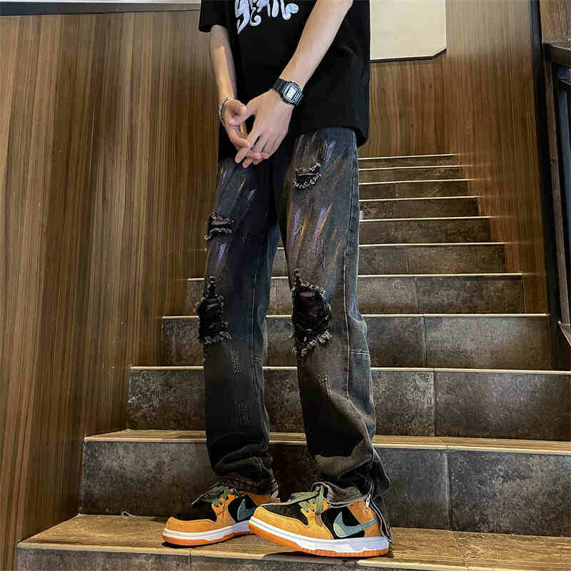 Тренд RONG CH Мужские Джинсы Лето Граффити Потертые Хип-Хоп Свободные Стрейт Деним, Размер_3XL