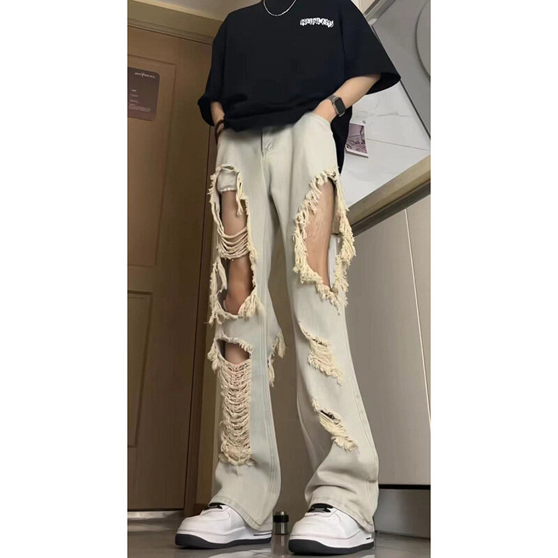 Тренд RONG CH Мужские Джинсы Американские Улица Стиральные Потертые Весна Свободные Стрейт Деним, Размер_S