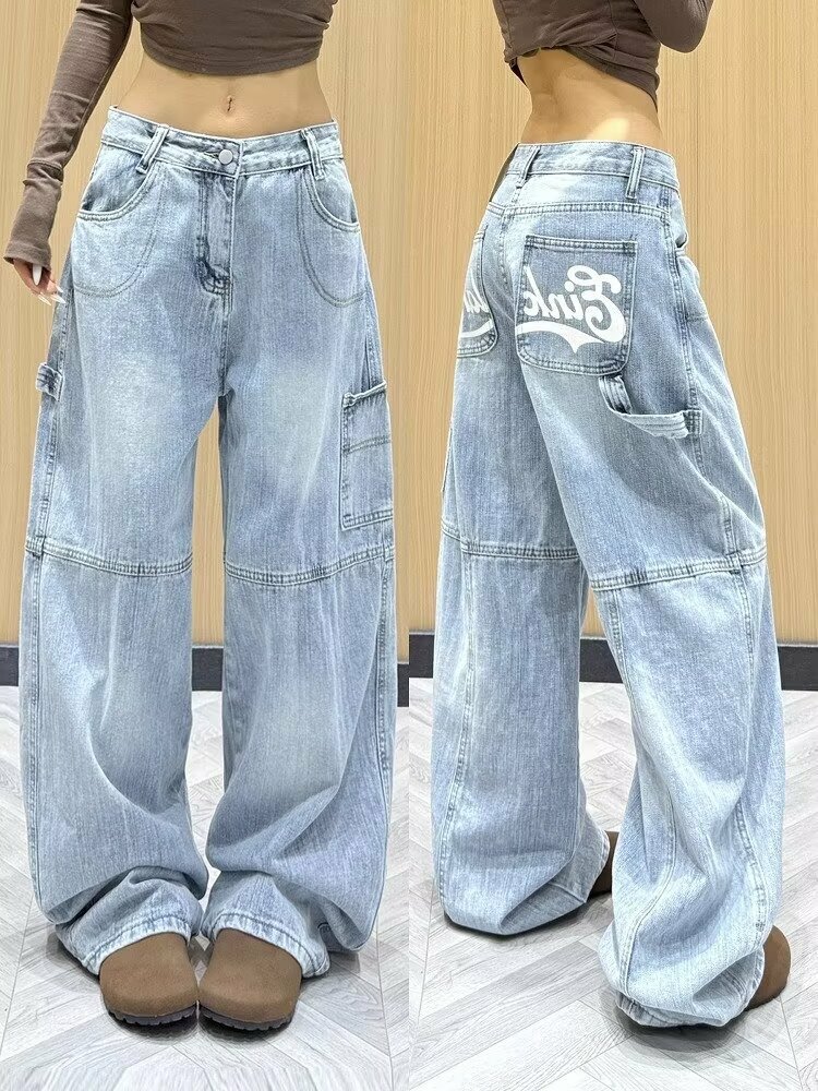 JYL Джинсы Женские Карго Винтажные Большие Карманы Стильные Деним, Размер_S