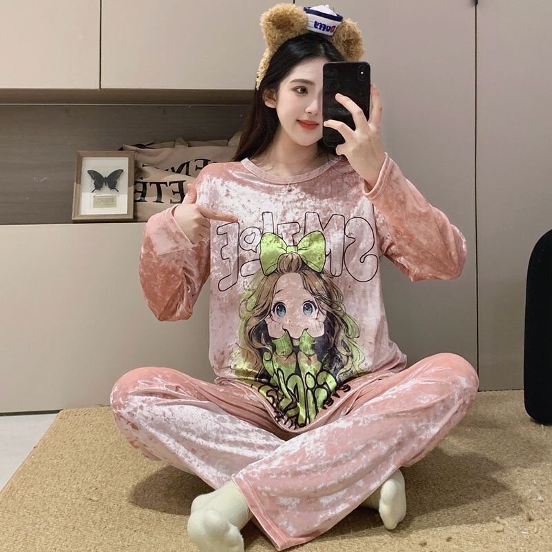 Женская пижама на весну и осень, кружево, бархат с золотыми ромбами, длинные рукава, длинные брюки, милый круглый вырез, домашняя одежда, комплект из двух предметов, размер: L