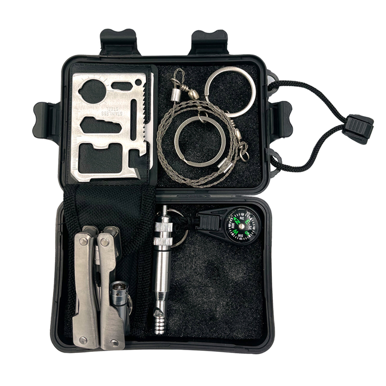 7 в 1 Набор аварийный SOS для открытом воздухе с водонепроницаемым ящиком, включающий стальной универсальный инструмент-карточку, зажигалку, компас, нож для проволоки, звуковой сигнал аварийный, мультифункциональные клещи-фонарик, одежду аварийную,