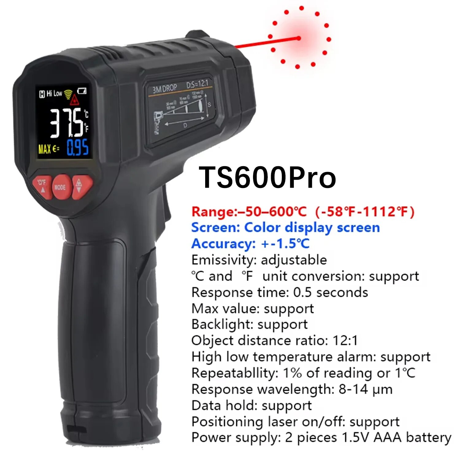 Инфракрасный термометр TS600Pro, -50°C - 600°C, 12:1