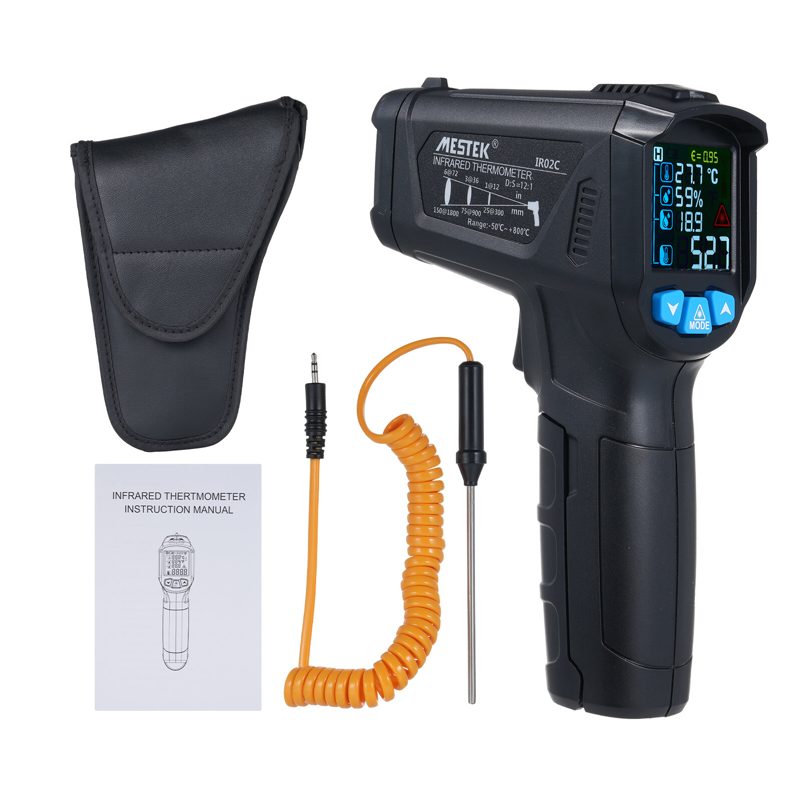 Инфракрасный Термометр Без Контакта Цифровой Портативный Тестер Температуры с Цветным ЖК-Экраном для Готовки Ремонта Дома Измерения Влажности Регулируемой Эмиссивности -58°F~1472°F (-50~800°C)