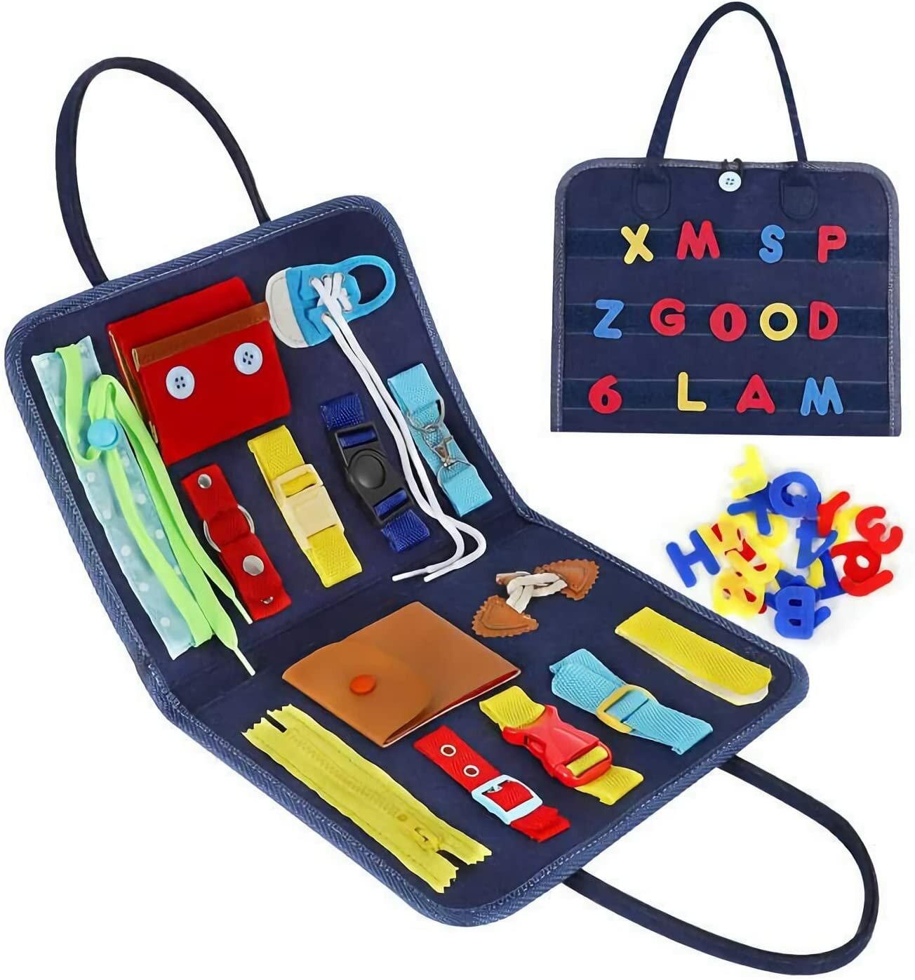 Досуг дошкi Montessori для маленьких детей Сенсорные игрушки Подарки для мальчиков и девочек 1 2 3 4 5 лет, Досуг дошкi для развития мелкой моторики для путешествий в машине самолете (Синий), 15 активностей в 1, Размеры: Свернутая: 11.4 x 7.7 x 1.5