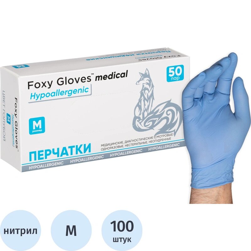 Перчатки нитрил, н/с, н/о,3,5гр./шт, глб/глб уп. FOXY-GLOVES (M) 50 пар/уп