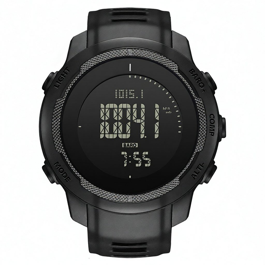 Часы мужские из углеродного волокна для активного отдыха с цифровым дисплеем, компасом, альтиметром, барометром, водонепроницаемостью 50м, размером 4.8*4.8*1.4см, весом 63г, батарейка CR2032 (220mAh), цвет Черный/Серый/Серый и черный