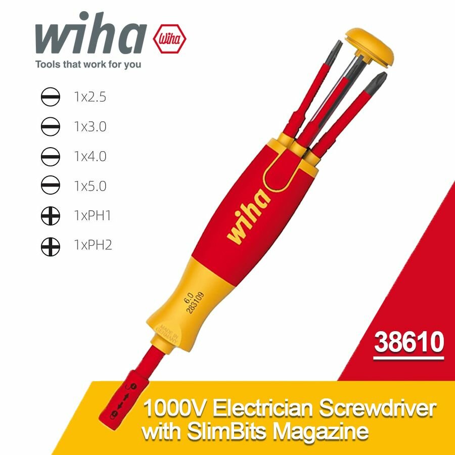 Wiha 38610 Отвертка с сменными насадками LiftUP Electric 1000В, диэлектрическая отвертка с набором из 6 бит.