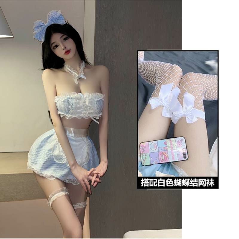 Синяя клетчатая форма горничной, соблазнительный страстный комплект из двух частей, сексуальная ролевая игра с горничной. Горничная + белые чулки в сеточку с бантом.