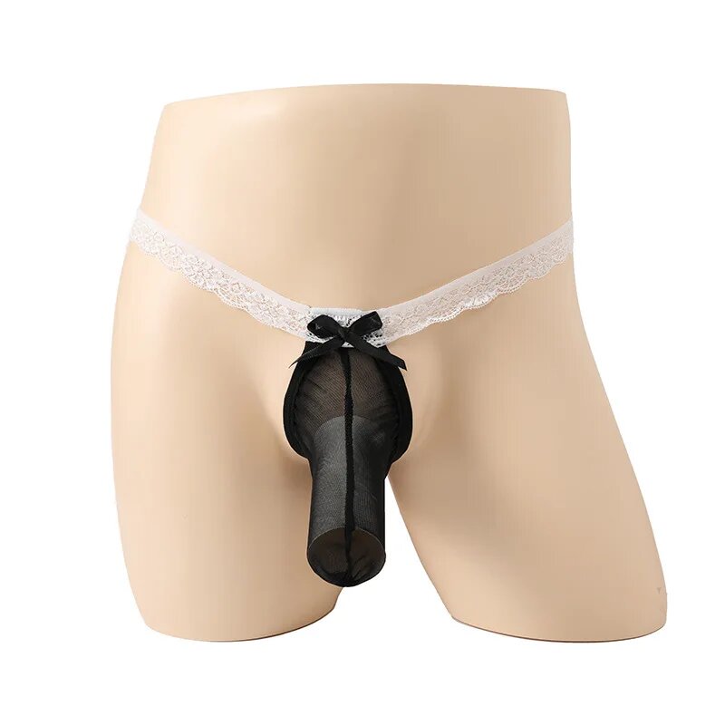 Нижнее белье с бантом, мужские сексуальные трусики с носом слона, сетчатые прозрачные стринги с Т-образной спинкой, стринги, эластичное длинное нижнее белье-футляр для пениса L, Black