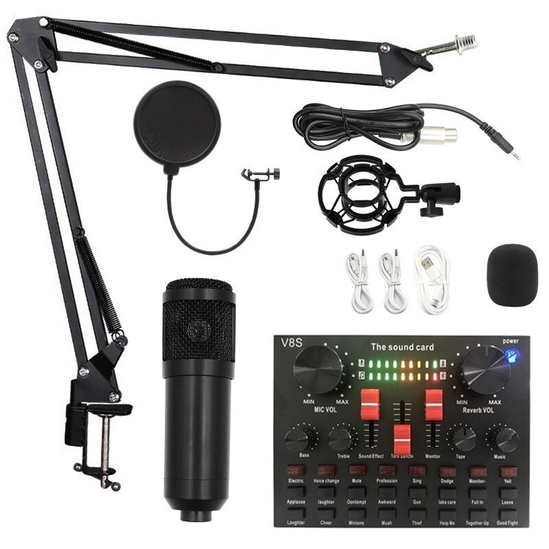 Кросс-бордерный конденсаторный микрофон BM800, звуковая карта V8, мобильный телефон, компьютер, стример, караоке, запись, набор для прямой трансляции