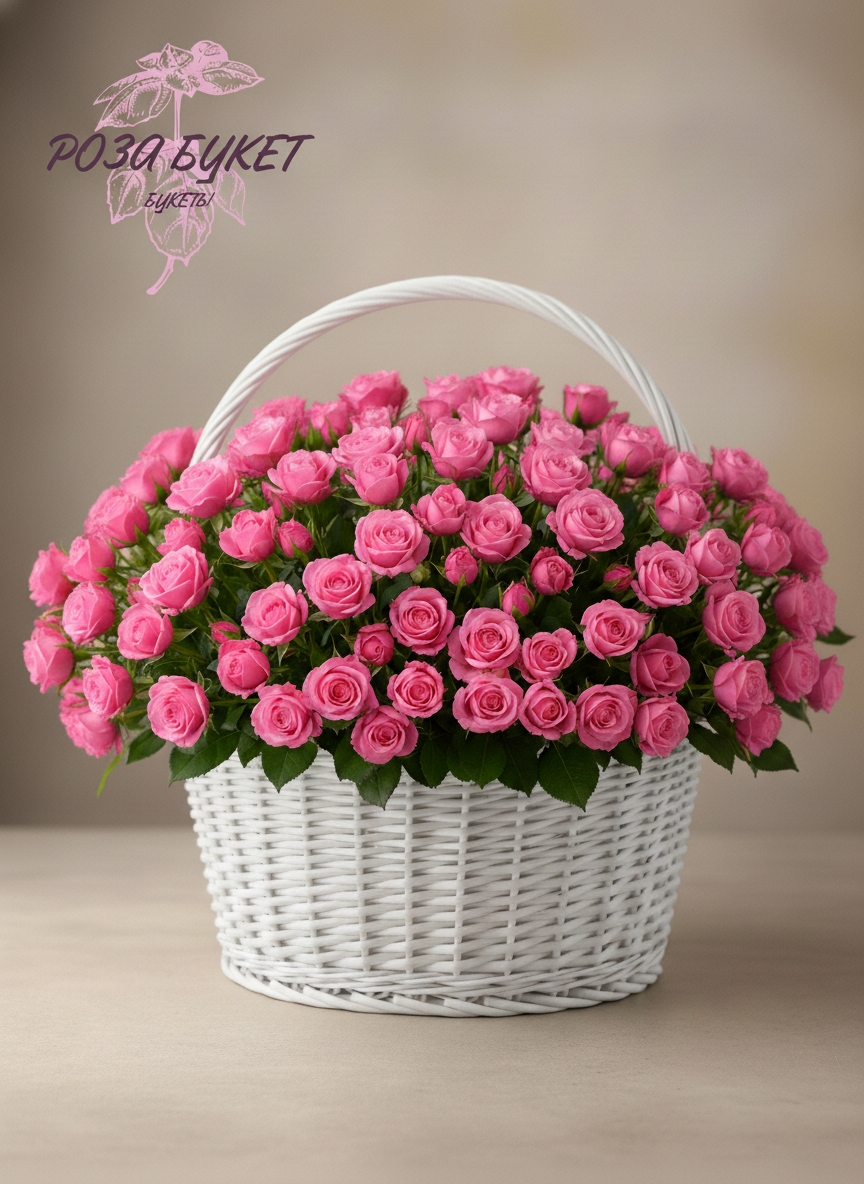 Букет цветов, букет из ярко-розовых кустовых роз 51 шт в плетеной белой корзине, премиум цветы, долгий букет