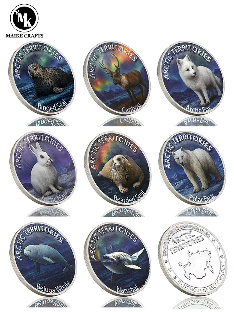 Набор памятных монет Арктика, 8 шт Белый медведь, нарвал, арктическая лиса, кит, тюлень Коллекционные сувенирные монеты
