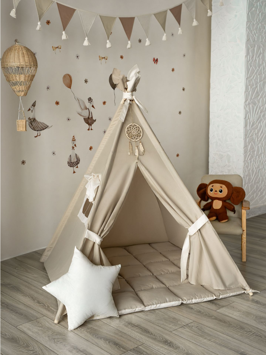 Вигвам babysmail, с ковриком, подушкой звездой, подвеской ловец снов, дерево, ткань