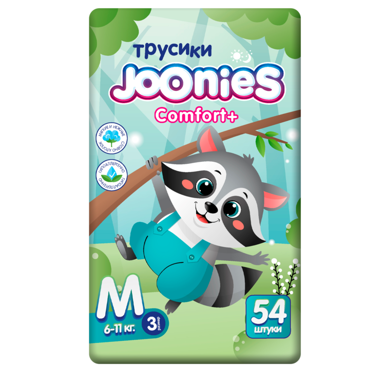 Детские подгузники-трусики JOONIES Comfort+ , размер M (6-11 кг), 54 шт