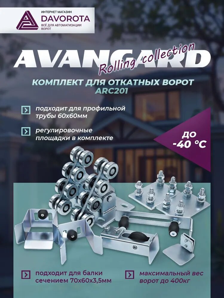 ARC201 Комплектующие для откатных ворот с роликовыми опорами и регулировочными площадками (без направляющей шины)