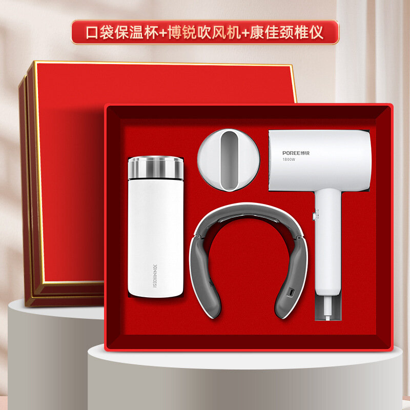 Бизнес-подарок: набор массажера для шеи Konka, фена и термоса, корпоративный подарок для клиентов с индивидуальным логотипом