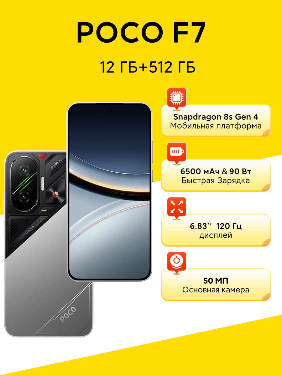Смартфон Xiaomi Poco F7 12/512Gb, Global, NFC, Dual nano SIM, Silver (серебристый)