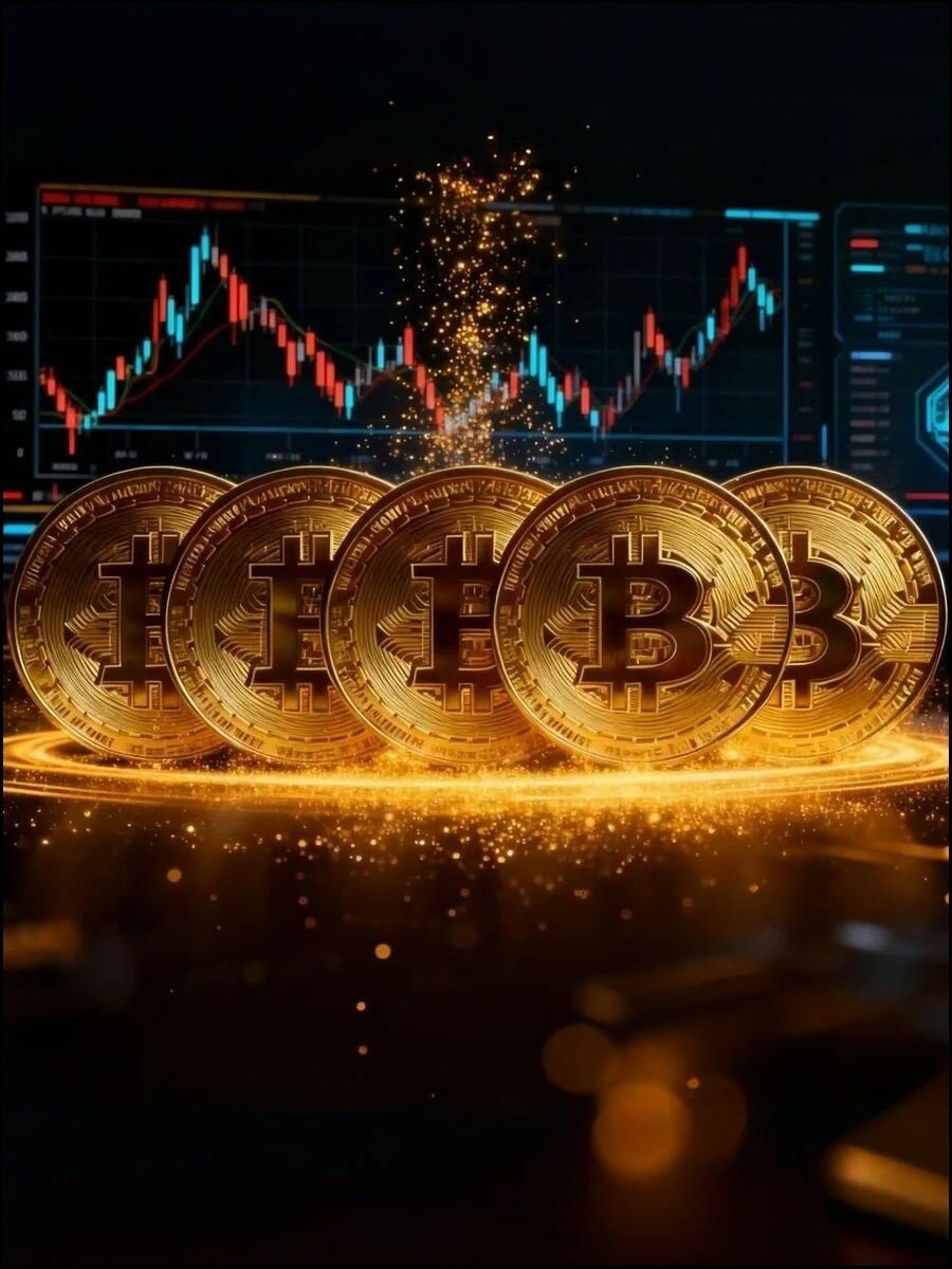 Юбилейный набор из пяти золотых монет с изображением биткойнов золотой