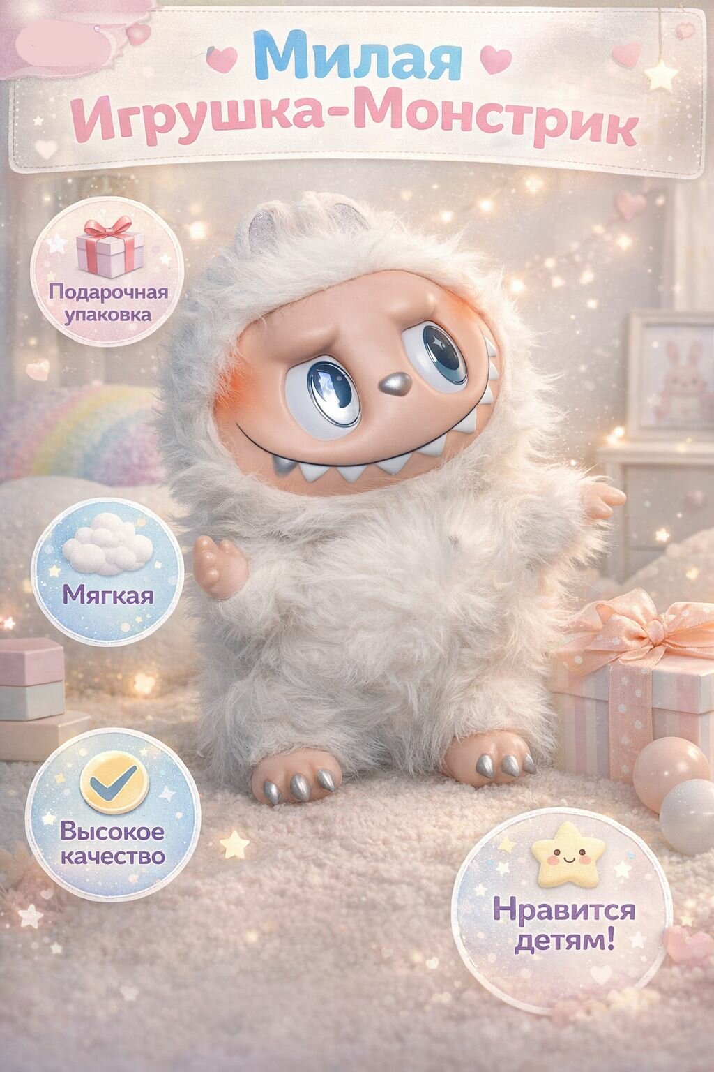 Большая мягкая игрушка коллекционная лабубу LABUBU Белый зимомо 38 см