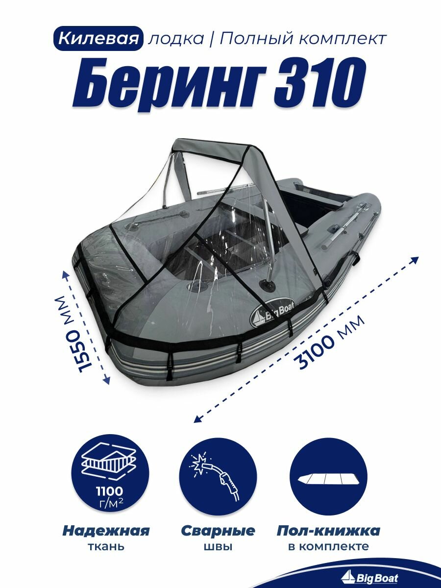 Надувная, под мотор, килевая лодка в полной комплектации (носовой тент, мягкие накладки) из ПВХ для рыбалки Bering (Беринг) 310к, пол-книжка
