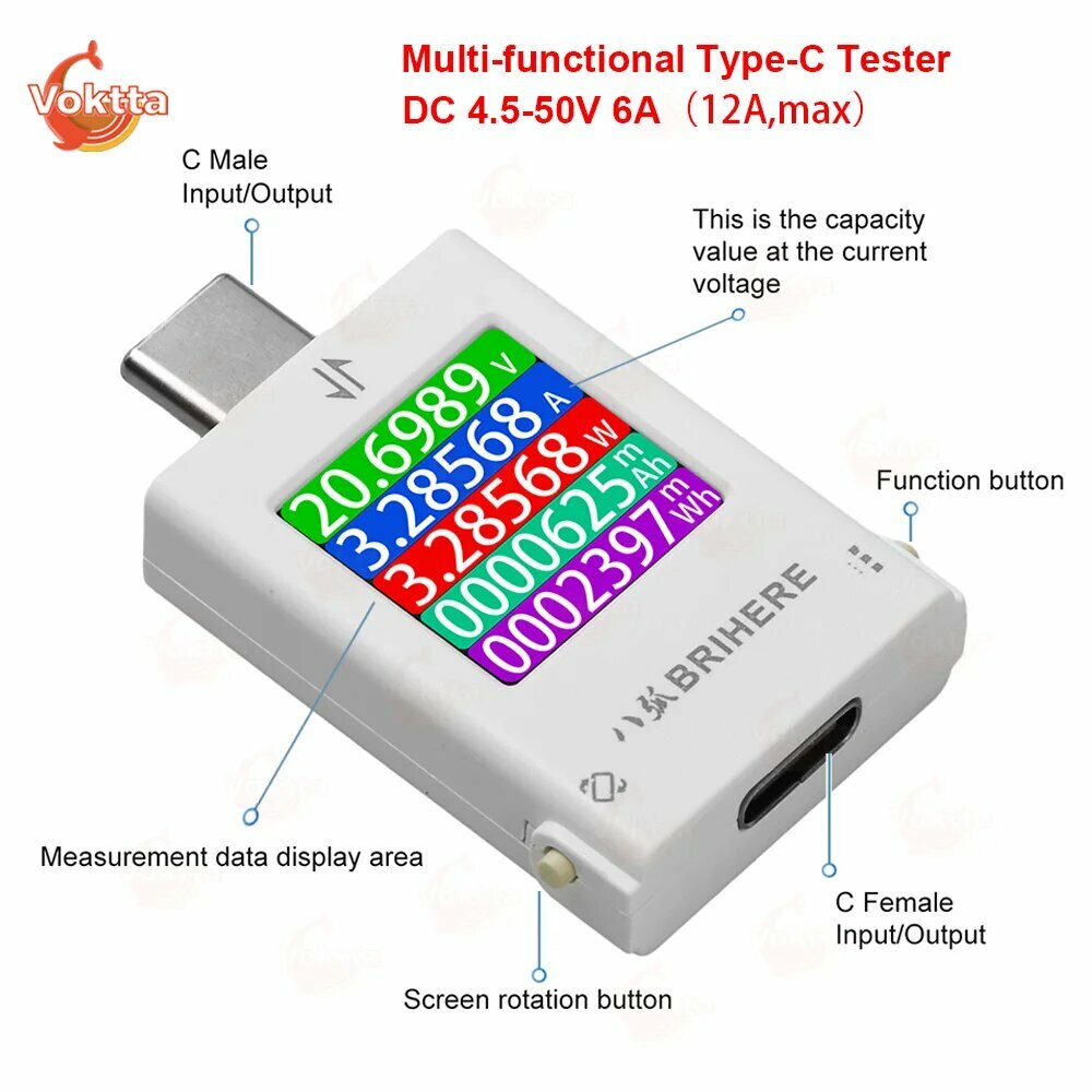 Белый тестер напряжения тока USB Type C Gaqqee Model: B10 0-12A — фото 1