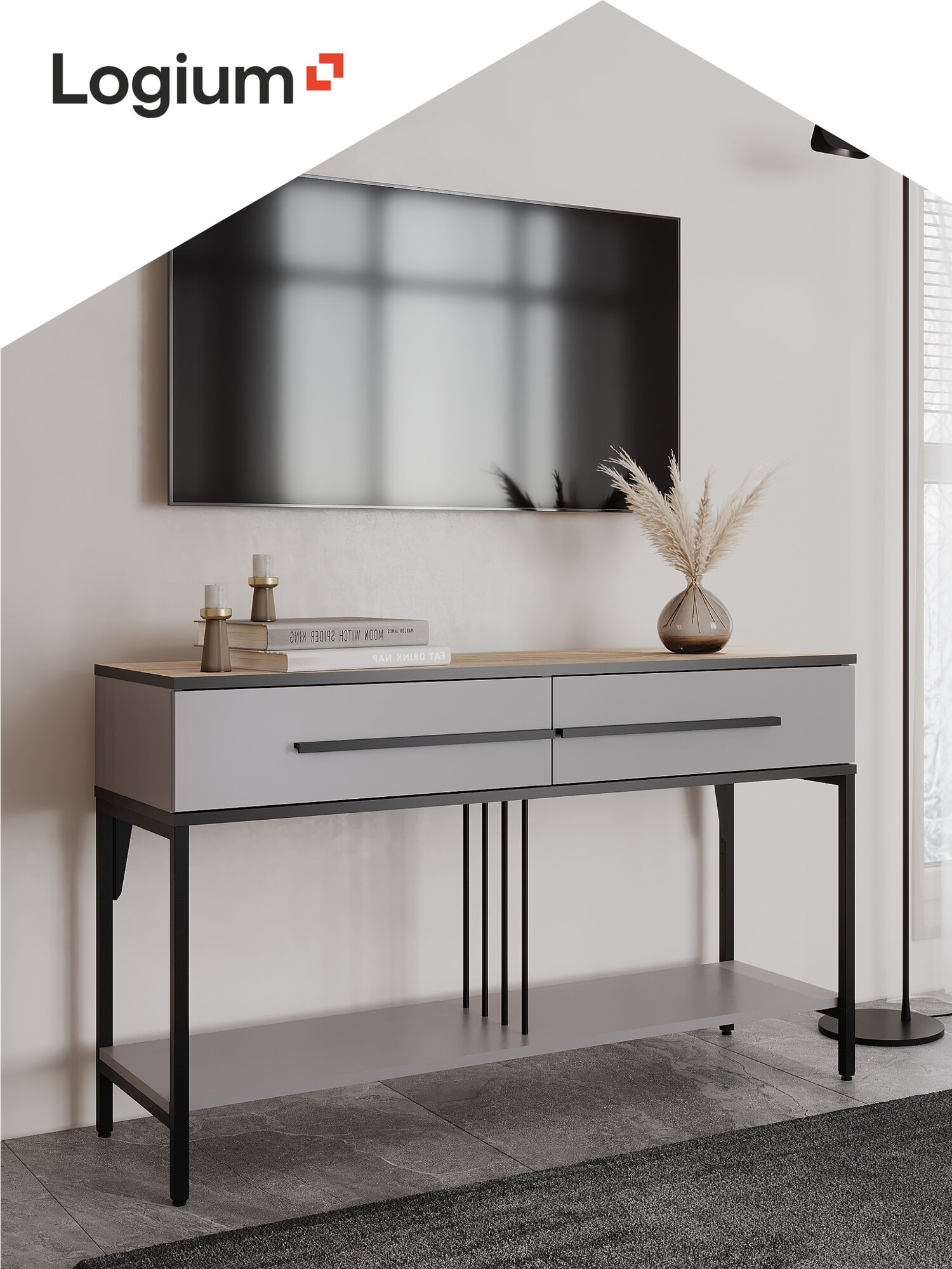 Тумба под телевизор напольная высокая с ящиками, Оливия 16.60.01, Серый Шифер, Гикори Рокфорд