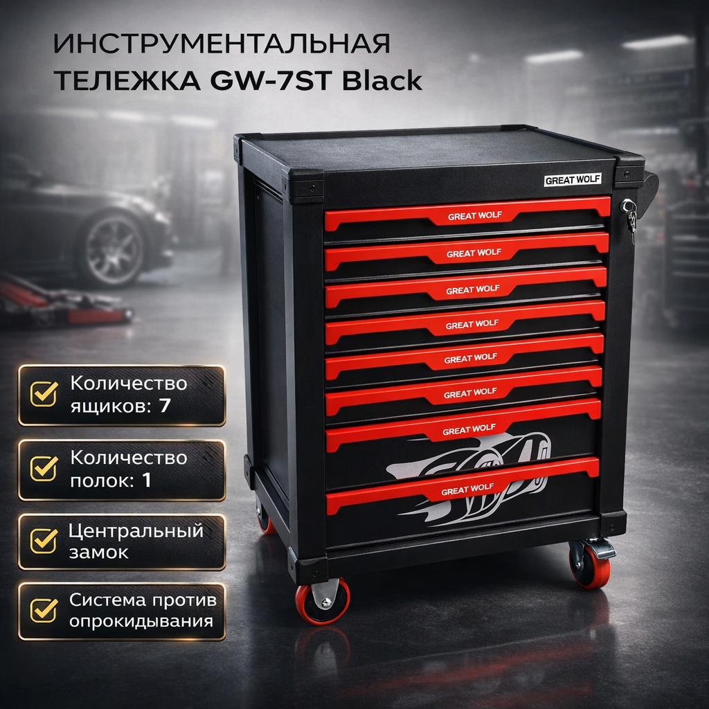 Инструментальная тележка Great Wolf 7 ящиков, увеличенные колеса с тормозом, ЦЗ, усиленная, GW-7ST Black