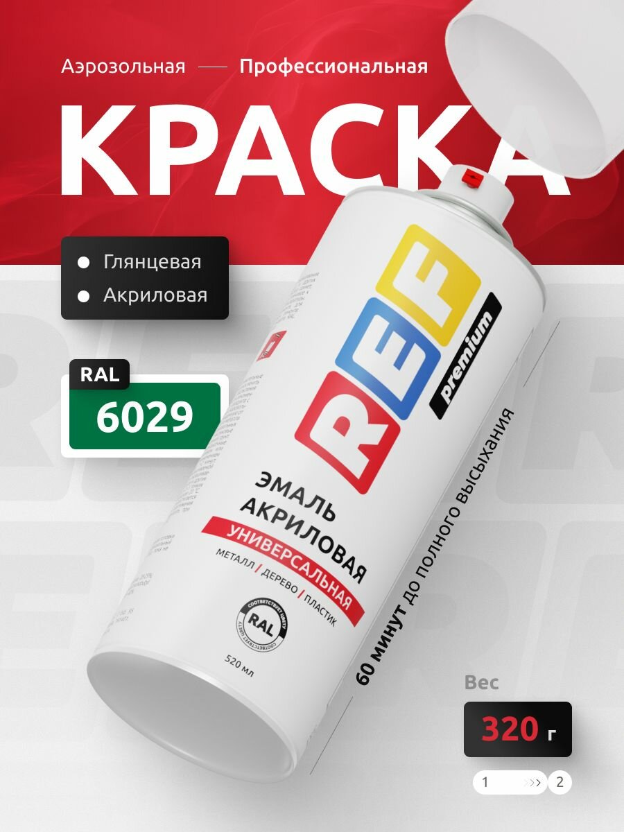 RAL 6029 зеленая глянцевая 520 мл Аэрозольная акриловая краска в баллончике универсальная / REF Premium