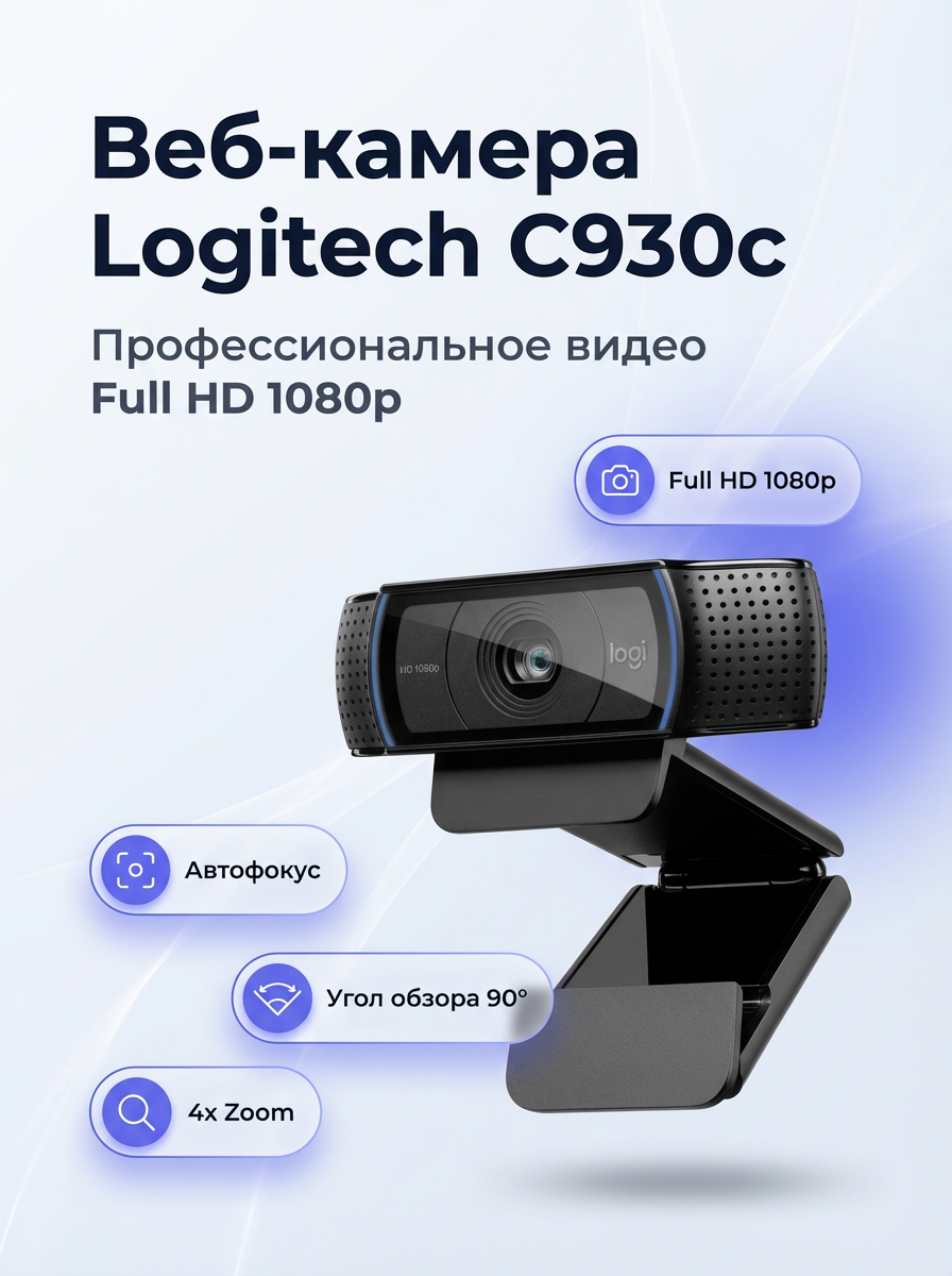 Logitech HD Webcam C930c черная, 3Mp, FHD 1080p@30fps, автофокус, 4х zoom (1080p), угол обзора 90°, складная подставка, USB2.0, кабель 1.5м 960-001260