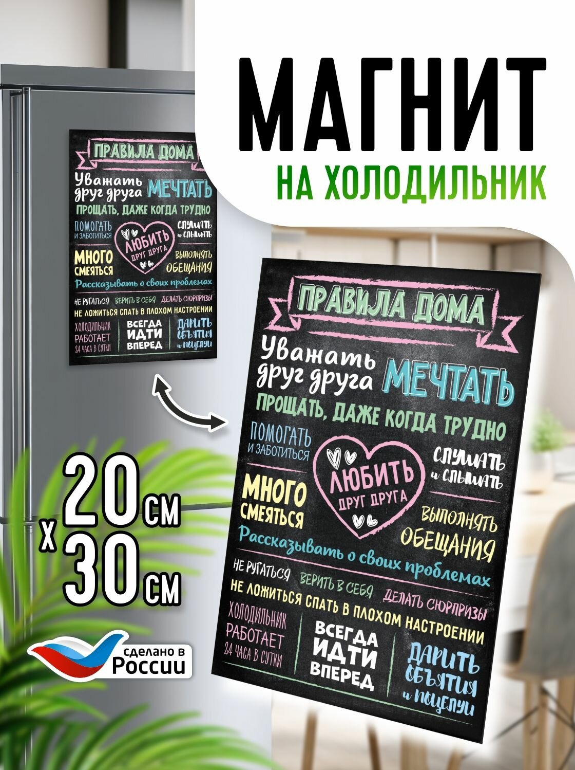 Постер, подарок для дома. Магнит на холодильник Печатник "Правила дома" темный фон 20х30 см, 1шт