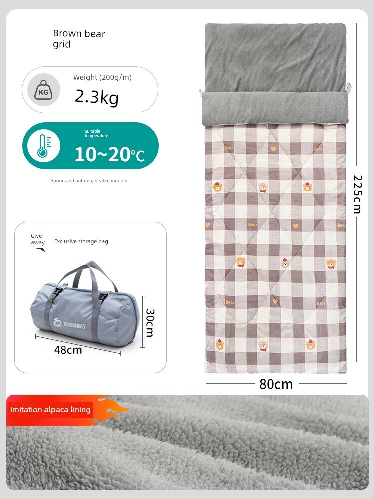Спальный мешок для взрослых с искусственной алпакой, 80x225 см, узор медвежьей клетки, подходит для сезонов 10-20°C,