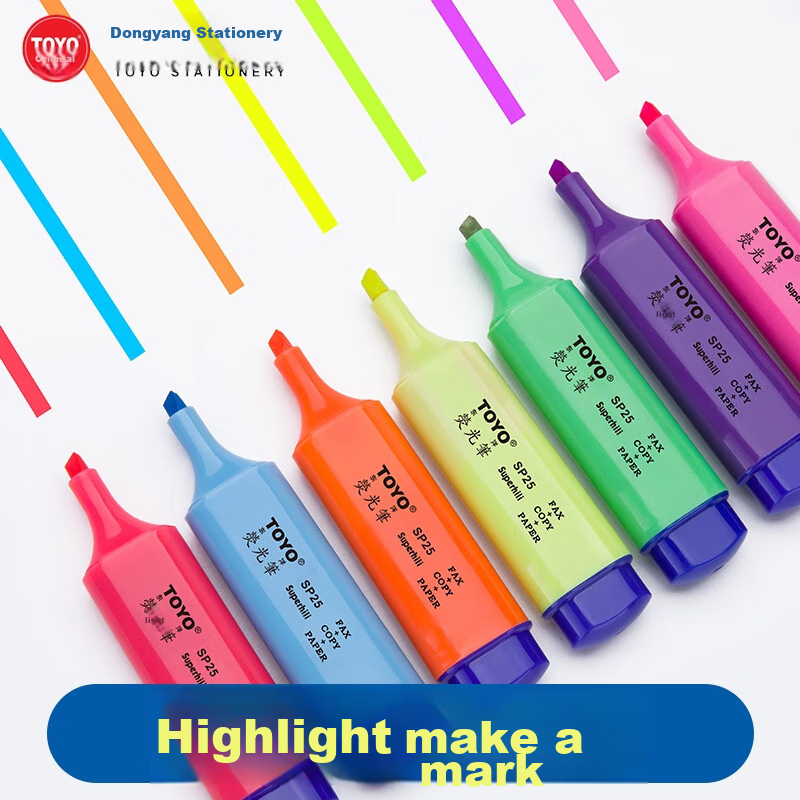 TOYO SP25 Unscented Yellow, Blue, Green, Red, Orange, Purple, Pink Diagonal Tip Large Capacity Student Eye-Protecting Stylish Fluorescent Pen Marking Quick-Drying Set, 10 Pens/box/single Tip, Purple