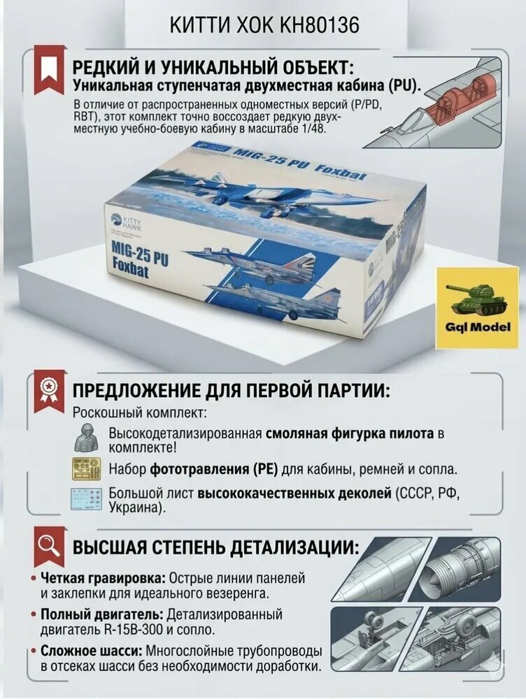 Сборная модель Kitty Hawk KH80136 МиГ-25ПУ Foxbat-C двухместный учебно-тренировочный самолет 1/48, редкий набор с фототравлением и смоляными фигурами
