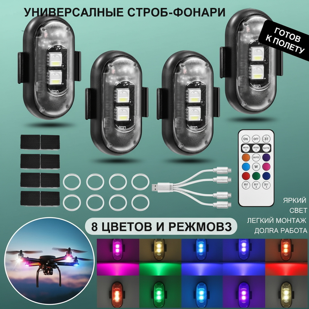 Набор беспроводных стробоскопов 4 шт 8 цветов пульт влагозащита USB зарядка для машины