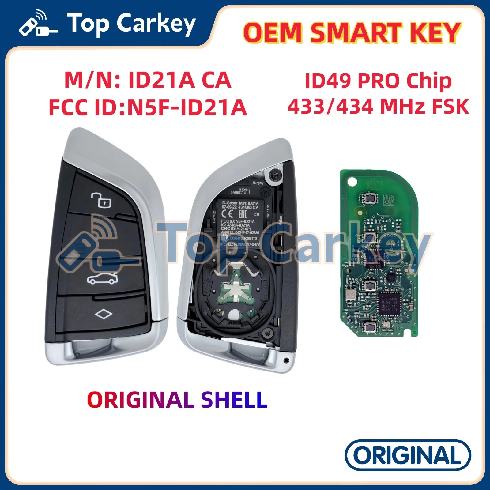TopCarkey N5F-ID21A ID21A CA Оригинальный смарт-ключ ID49 433-434 МГц для шасси BMW Black 4BTN Key