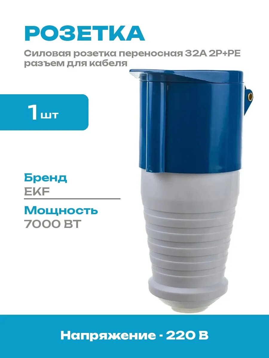 Разъем переносной 32А 2P+PE силовая розетка с крышкой IP44
