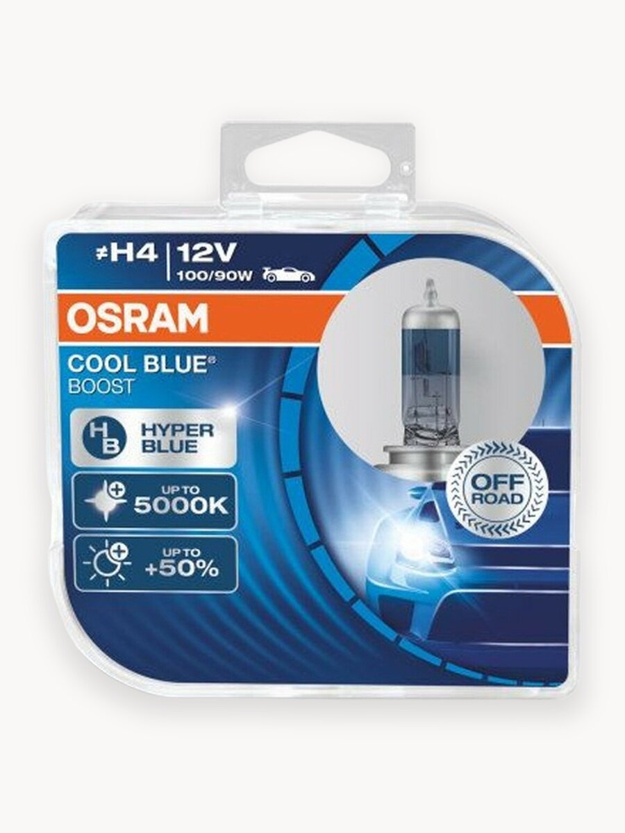 Лампа автомобильная Osram Cool Blue Boost H4 100/90W P43t +50% 5000K 12V, 2шт, 12V, 62193CBB-HCB