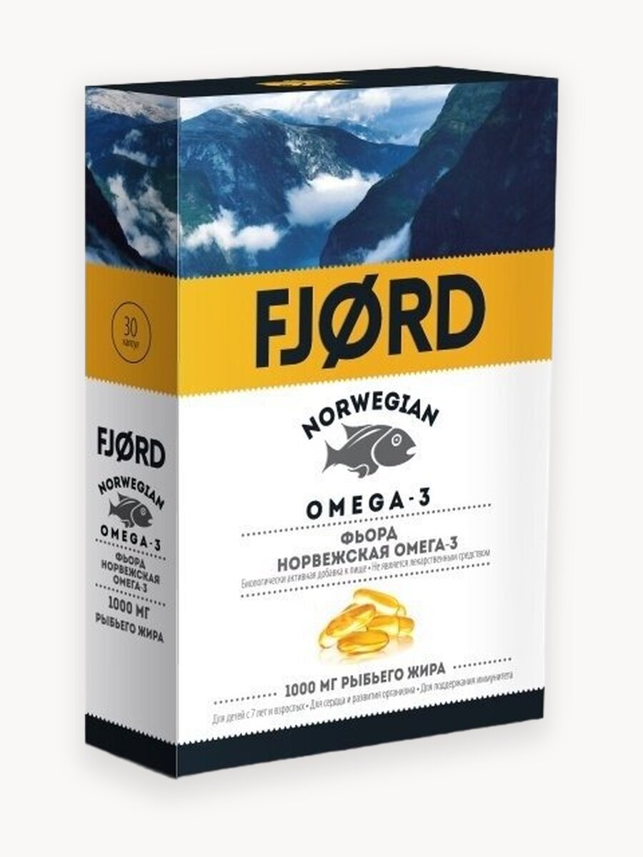 Омега-3 Норвежская FJORD, 1000 мг, 30 капсул, БАД к пище фьорд, Omega-3