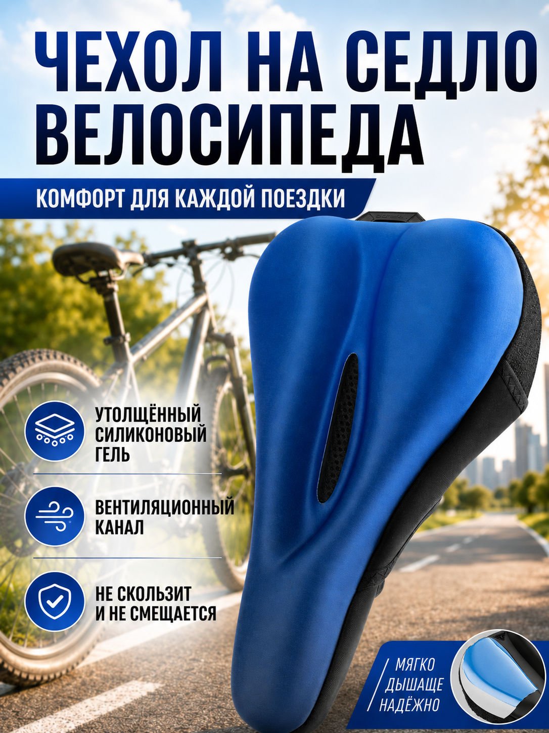 Мягкая накладка на велосипедное сиденье градиент, утолщенная амортизация из силикона и пены‑памяти, дышащая конструкция, крепится липучкой