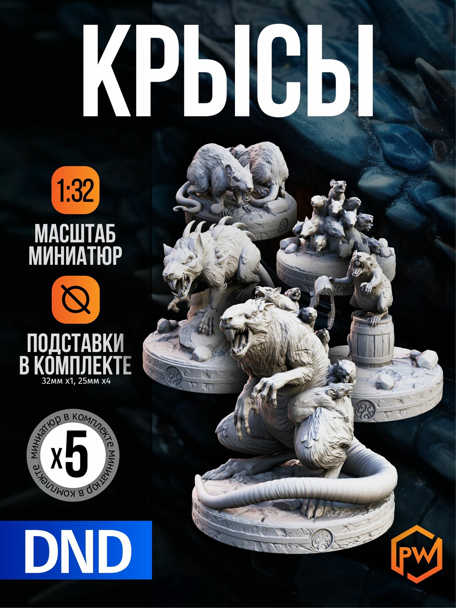 Набор миниатюр для настольных игр ДнД "Гигантские крысы" (DnD, Pathfinder, Dungeons & Dragons, Подземелья и драконы, НРИ, Warhammer)